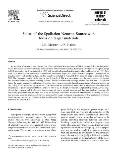 Pdf Status Of The Spallation Neutron Source With Focus On Target Materials Dokumentips