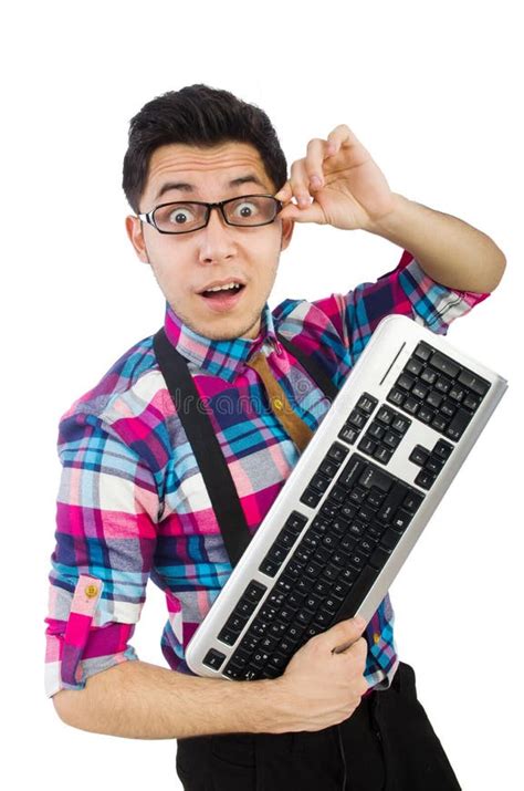 Computer Nerd With Keyboard Isolated Stock Image Image Of Glasses Male 44312383