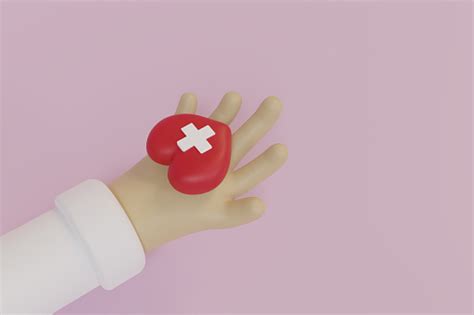 십자 기호가 있는 하트 아이콘을 들고 있는 손의 3d 렌더링 공간 배경 배너 카드 세계 헌혈의 날의 포스터 개념을 복사합니다