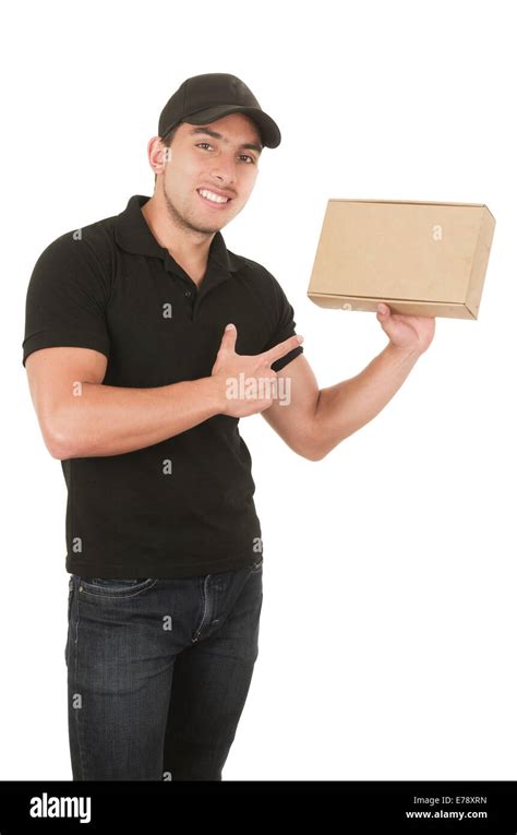 Handsome Brunette Courier Man Holding Packages Stock Photo Alamy