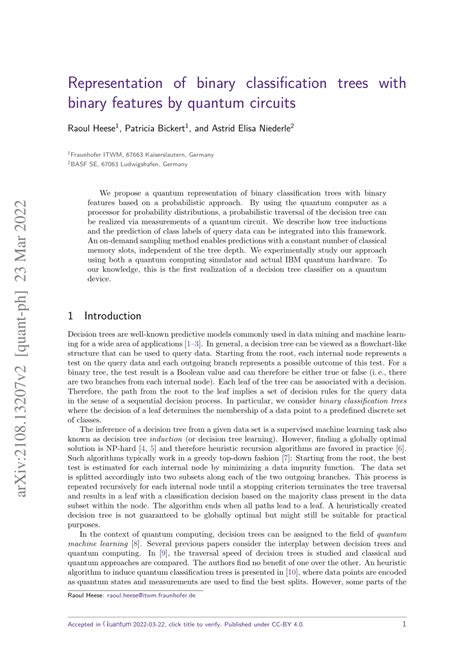 Pdf Representation Of Binary Classification Trees With Binary Features By Quantum Circuits