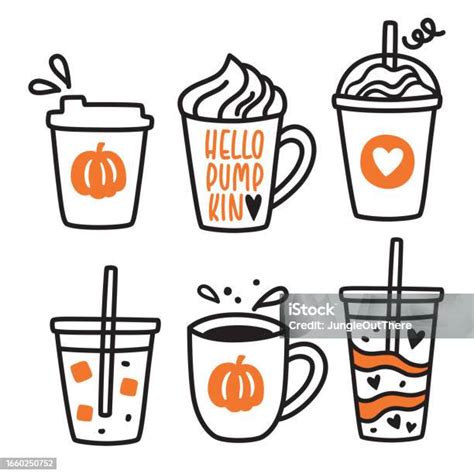 호박 스파이스 라떼 커피 그리기 벡터 일러스트레이션 세트 아이스 커피에 대한 스톡 벡터 아트 및 기타 이미지 아이스 커피 아이콘 펌킨 스파이스 라떼 Istock