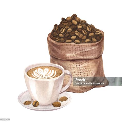 황마 삼베 자루에 담긴 수채화 딱딱하게 볶은 커피 원두와 커피 라떼 손으로 그린 그림은 흰색 배경에 분리되어 있습니다 카페