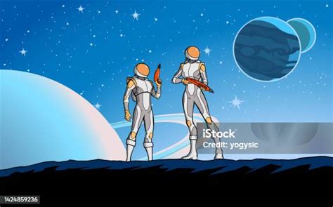 벡터 공상 과학 우주 비행사 우주 공간에서 총을 휘두르다 스톡 일러스트 레이 션 Sf 영화에 대한 스톡 벡터 아트 및 기타