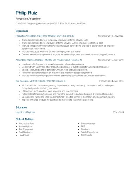 Production Assembler Resume Examples And Tips Zippia