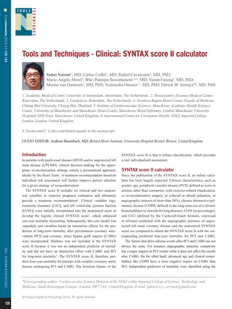 Pdf Tools And Techniques Clinical Syntax Score Ii Calculator