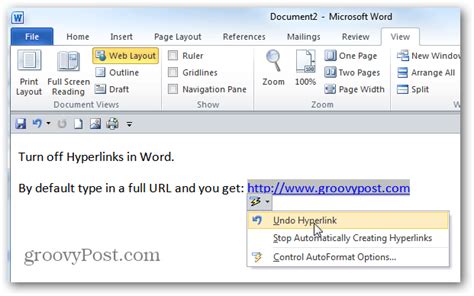Stop Ms Word From Creating A Hyperlink When Typing A Url