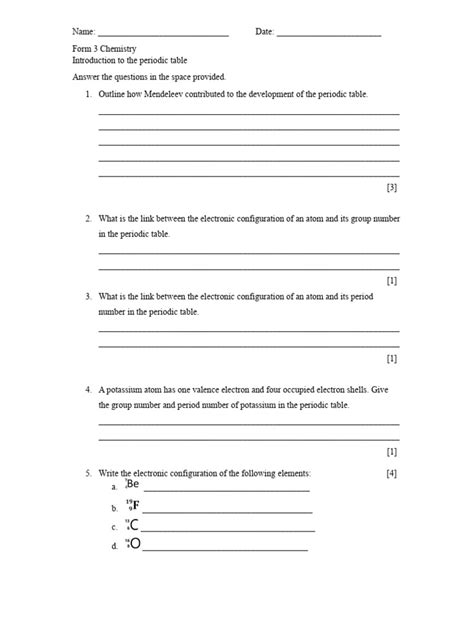 Form 3 Chemistry Introduction To Periodic Table Exam Pdf Periodic Table Electron
