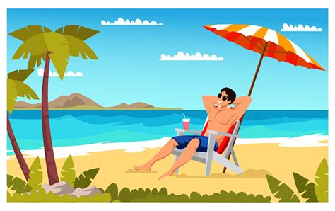 해변 휴가 플랫 벡터 그림입니다 해변 플랫 컬러 일러스트에 휴식 하는 남자 갑판 의자에 비치 우산 아래 소년 바다 리조트 만화 캐릭터에서 남성 갑판 의자에 대한 스톡 벡터