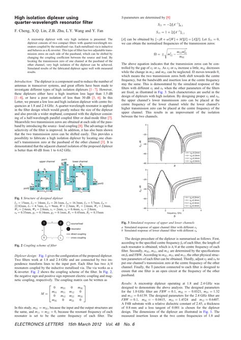 Pdf High Isolation Diplexer Using Quarter Wavelength Resonator Filter