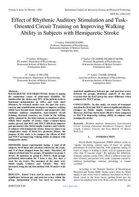 Pdf Effect Of Rhythmic Auditory Stimulation And Task Oriented Circuit