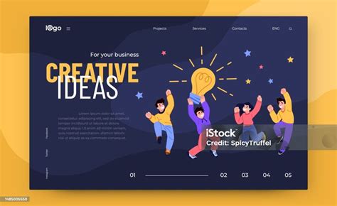 사람들 팀이 축하합니다 비즈니스 착륙 창의적인 아이디어 흥분한 남자와 여자가 전구로 점프합니다 돈을 위한 광고 사무 웹 사이트