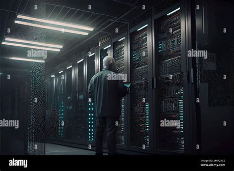 Big Data Center Engineer Checking Activity In Warehouse Data Center And Server Activating Stock