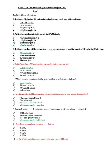 Bvmlt 302 Routine And Special Hematological Test Pdf Anemia Bone