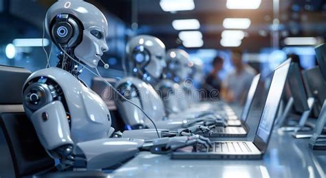 Artificial Intelligence Ai Robots Diligently Work At Computers In A