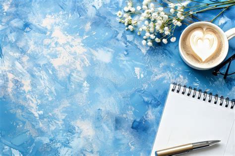 Minimalist Workspace Featuring Keyboard Mouse Notebook Pen Glasses And Coffee On Blue
