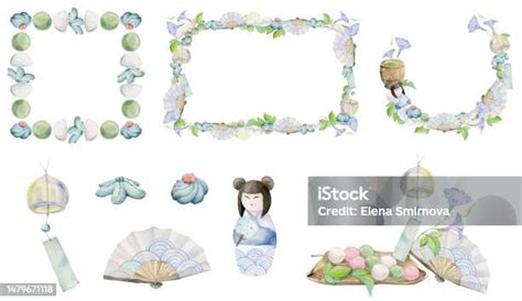 수채화 손으로 그린 일본 전통 과자 여름 와가시 붕어빵 차 프레임이있는 작곡 세트 흰색 배경에 격리 초대장 레스토랑 메뉴 인사말 카드 인쇄 섬유 0명에 대한 스톡 벡터 아트