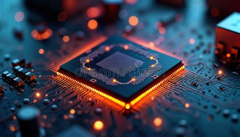 Advanced Microchip Embedded In Circuit Board High Tech Chip With Glowing Connections