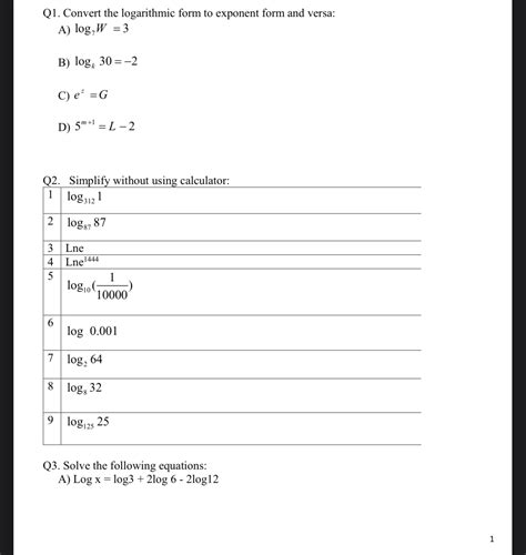 Solved Q1 ﻿convert The Logarithmic Form To Exponent Form