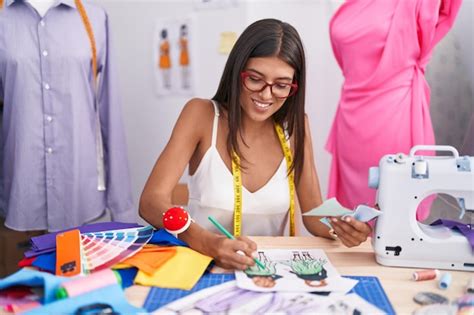 Free Photo Young Beautiful Hispanic Woman Tailor Smiling Confident