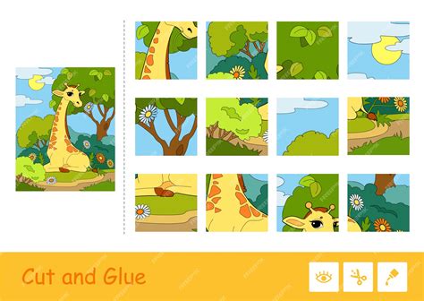 Вырезать и склеить головоломку обучения детей игра с красочным изображением жирафа едят цветок