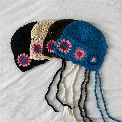 비마이뮤즈 무배 캐리 플라워 여름 뜨개 꽃 트임 리본끈 두건 벙거지 휴양지 해외여행 모자