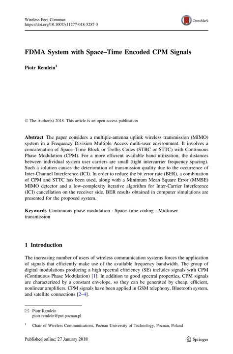 Pdf Fdma System With Space Time Encoded Cpm Signals