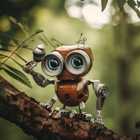 A Toy Robot Sitting On Top Of A Tree Branch Generative Ai Image Stock