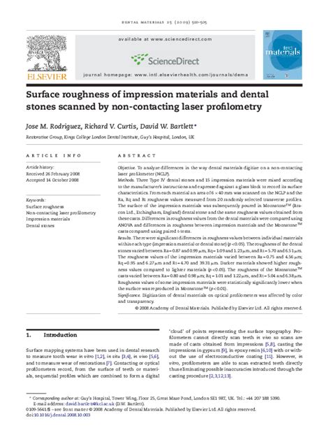 Pdf Surface Roughness Of Impression Materials And Dental Stones Scanned By Non Contacting