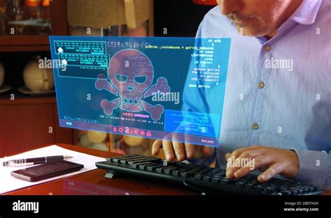 Hacker Typing On The Keyboard And Breaks Computer Security On Virtual Hologram Screen On Desk
