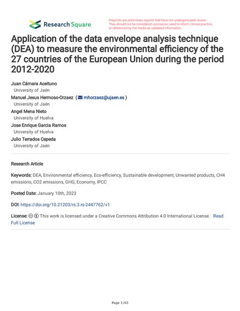 Pdf Application Of The Data Envelope Analysis Technique Dea To Measure The Environmental