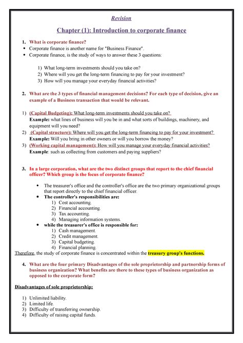 Chapter Lecture Summary Revision Chapter 1 Introduction To Corporate Finance What Is