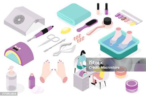 매니큐어 살롱 3d 아이소 메트릭 메가 세트 아이소메트리 그래픽 디자인 램프 가위 브러시 수건 매니큐어 색상 샘플 손 매니큐어사 기타 도구의 수집 요소 벡터 일러스트 레이