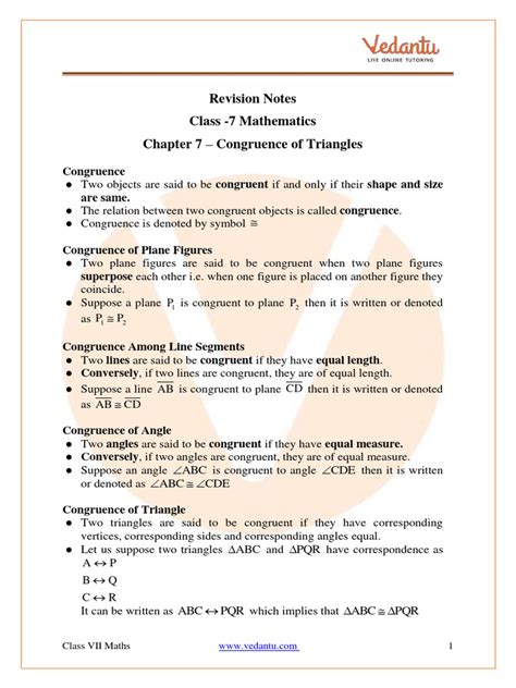 Congruence Of Triangles Class 7 Notes Cbse Maths Chapter 7 Pdf Pdf Triangle Mathematics
