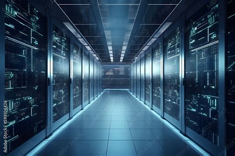 Interior Of A Cloud Storage Facility In Server Room Modern Cloud Storage Space In Racks Of