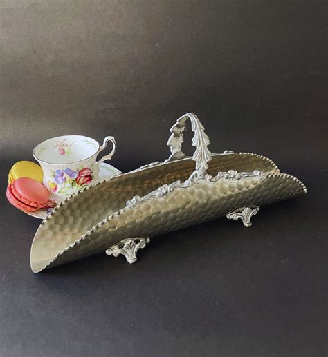 Vintage Italian Breadstick Server Basket Art Nouveau Style Pewter Cookie And Cracker Bowl