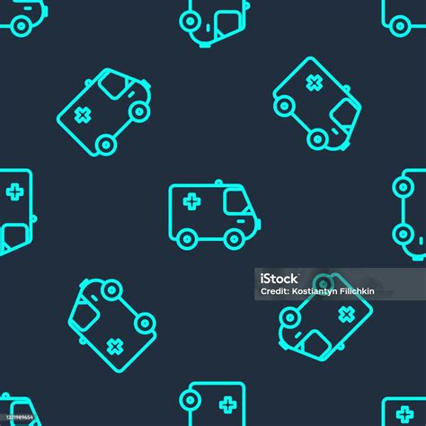 녹색 라인 구급차와 비상 자동차 아이콘 파란색 배경에 분리 된 원활한 패턴 구급차 차량 의료 대피 벡터 일러스트레이션 1위에