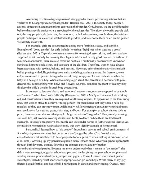 Sociology 1 Week 7 Forum According To A Sociology Experiment Doing Gender Means Performing
