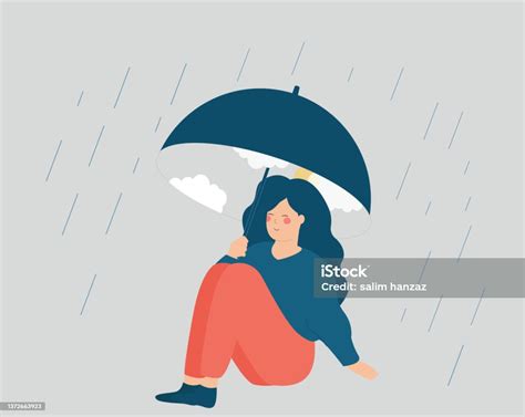 젊은 여성은 우산 아래에 앉아 행복해 보입니다 날씨 때문에 좋은 분위기의 소녀는 긍정적 인 분위기를 방출합니다 웰빙의 개념 내면의 평화 일러스트레이션에 대한 스톡 벡터 아트