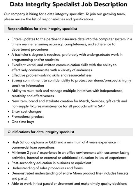 Data Integrity Specialist Job Description Velvet Jobs
