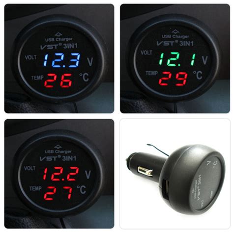 In Digital LED Car Voltmeter Thermometer Auto Car Cigarette Lighter USB Charger V V