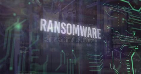 Animation Of Ransomware Computer Language Circuit Board Pattern Over Data Server Room Stock