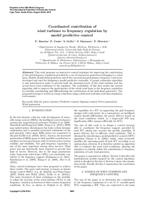 Pdf Coordinated Contribution Of Wind Turbines To Frequency Regulation By Model Predictive Control