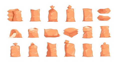 삼베 자루 만화 가방 수확 쌀 가루 곡물 밀 설탕 시리얼 갈색 야 재료 포장 벡터 농업 세트 프리미엄 벡터