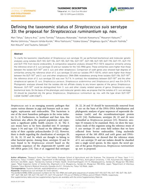 Pdf Defining The Taxonomic Status Of Streptococcus Suis Serotype 33 The Proposal For