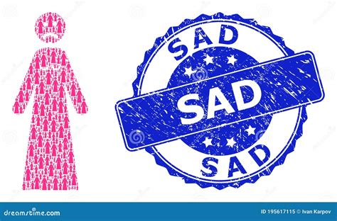 Scratched Sad Round Stamp And Recursive Sad Woman Icon Mosaic Stock Vector Illustration Of