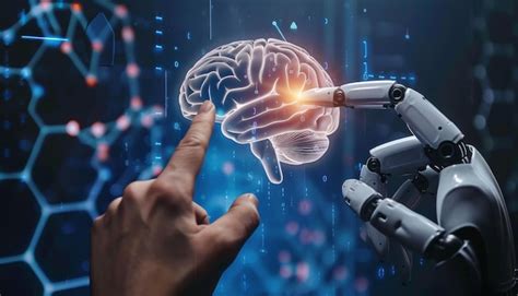 인간 손과 로 팔이 디지털 뇌를 가리키고 인공지능의 개념 프리미엄 Ai 생성 이미지