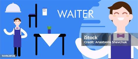 파란색 배경에 웨이터 닫으십시오 클로슈 서빙 뚜껑 테이블 레스토랑 웨이트리스 유니폼을 입은 남자 나비 넥타이 앞치마 서비스 외식 직업 경력지도 일 직업 개념 가공의 인물에
