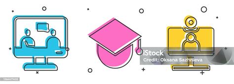 온라인 교육 전 세계 졸업 한도 및 비디오 채팅 컨퍼런스 아이콘설정 벡터 졸업식에 대한 스톡 벡터 아트 및 기타 이미지