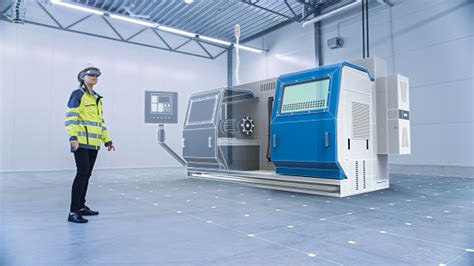 산업 40 현대 공장 증강 현실 헤드셋을 착용 하는 여성 엔지니어 생산 라인을 만드는 3d Cnc 기계 모델 작업 혼합 현실 및